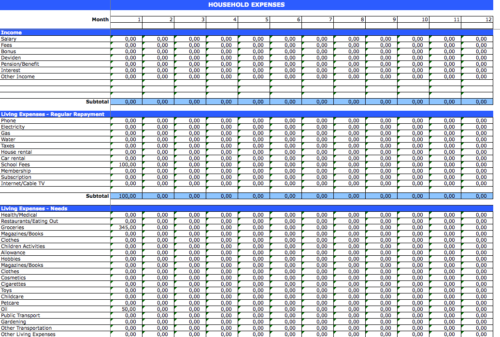 Excel Household Templates » The Spreadsheet Page